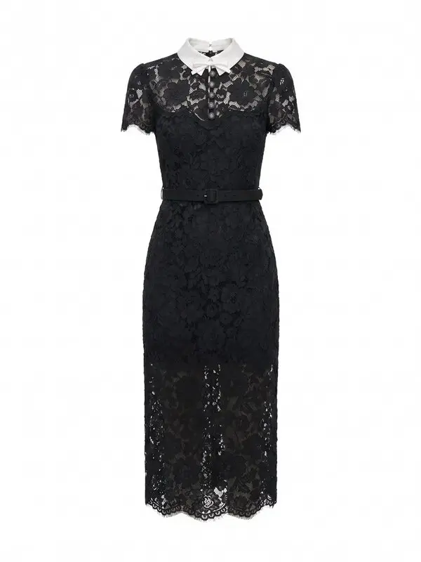 SELF-PORTRAIT Lace Contrast Collar Midi Dress - Multicolor