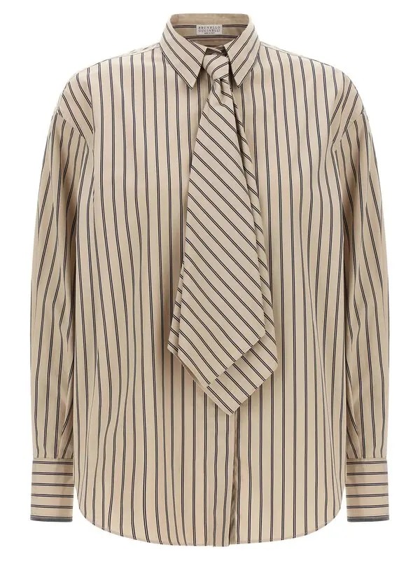 Brunello Cucinelli Striped Shirt With Integrated Tie - Cream