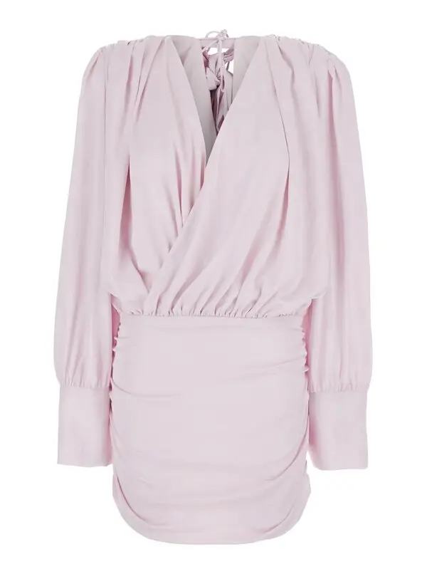 ROTATE BY BIRGER CHRISTENSEN Dress With Deep V-neck And Draped Design In Pink Silk For - Multicolor