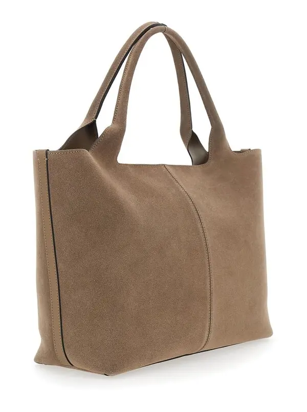 TOD'S Beige 'ebr' Tote Bag With Logo Plate On The Front And Contrast Stitching In Suede For - Multicolor