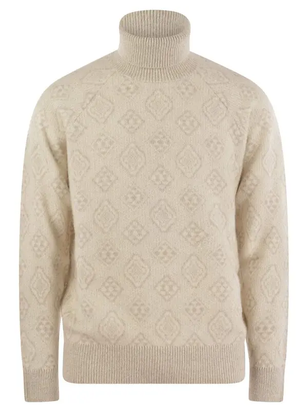 Brunello Cucinelli Geometric Jacquard Turtleneck Sweater In Alpaca, Cotton And Wool - Cream