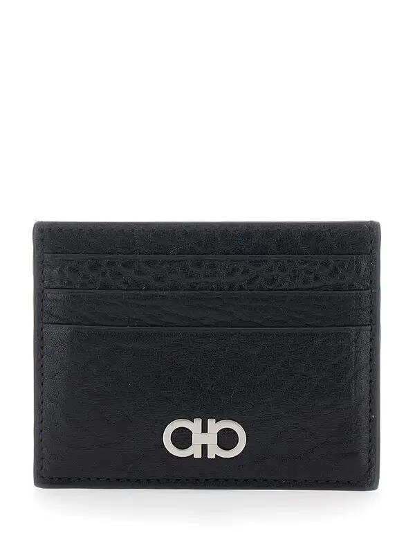 FERRAGAMO Black Card Holder With Gancini Plaque On The Front In Leather - Multicolor