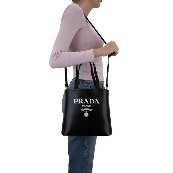 Prada Logo Leather Tote Bag - Black