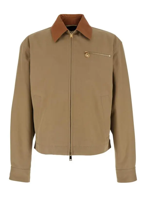 Versace Beige Jacket With Leather Collar And Medusa Head Metallic Detail In Cotton For - Multicolor