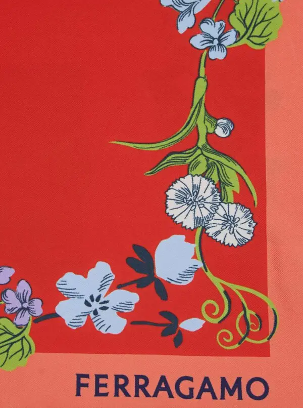 FERRAGAMO Red Scarf With Floral Print Motif And Lettering Logo In Silk - Multicolor