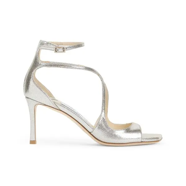 JIMMY CHOO Leather Glitter Azia 75 Sandals - Silver