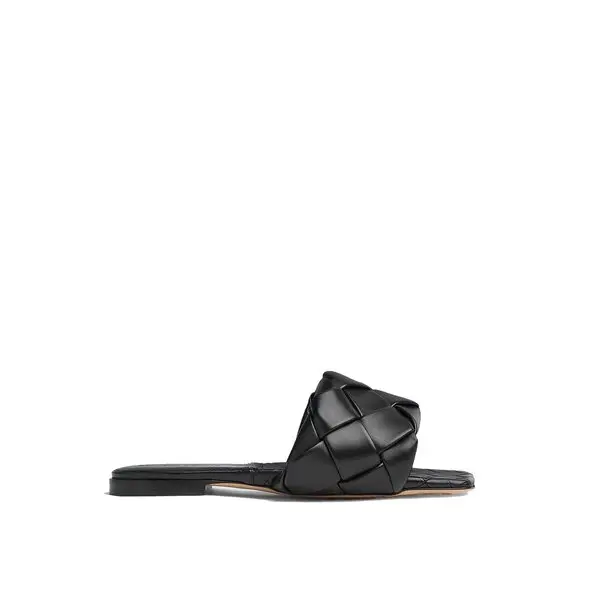 Bottega Veneta Intrecciato Leather Flat Sandals - Black