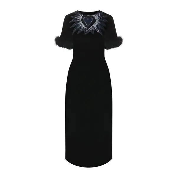 Fendi Fur Trim Velvet Midi Dress - Black