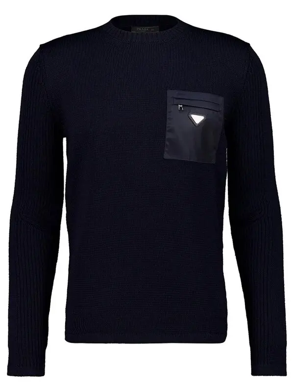 Prada Wool Sweater With Nylon Patch Pocket - Blue