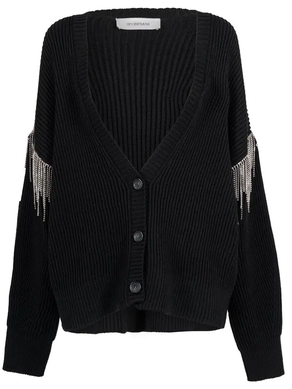 Sportmax Removable Sleeves Wool Cardigan With Rhinestone - Black