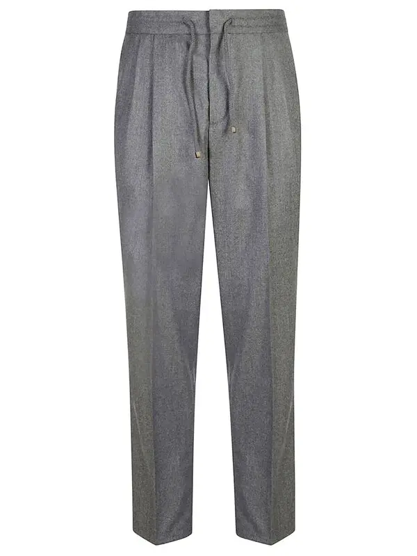 Brunello Cucinelli Wool Flannel Leisure Fit Trousers With Drawstring And Double Pleats - Gray