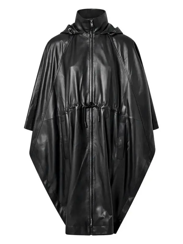 YVES SALOMON Leather Cape With Drawstring Waist