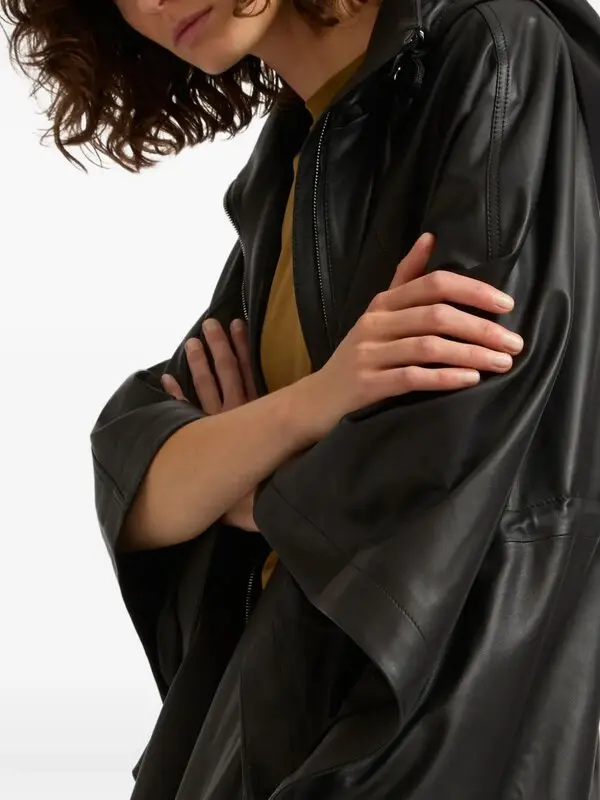 YVES SALOMON Leather Cape With Drawstring Waist