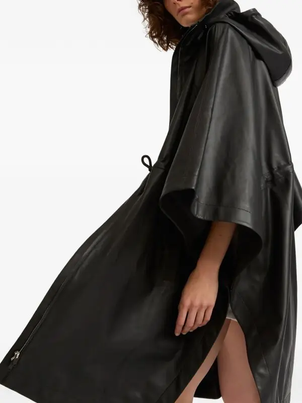 YVES SALOMON Leather Cape With Drawstring Waist