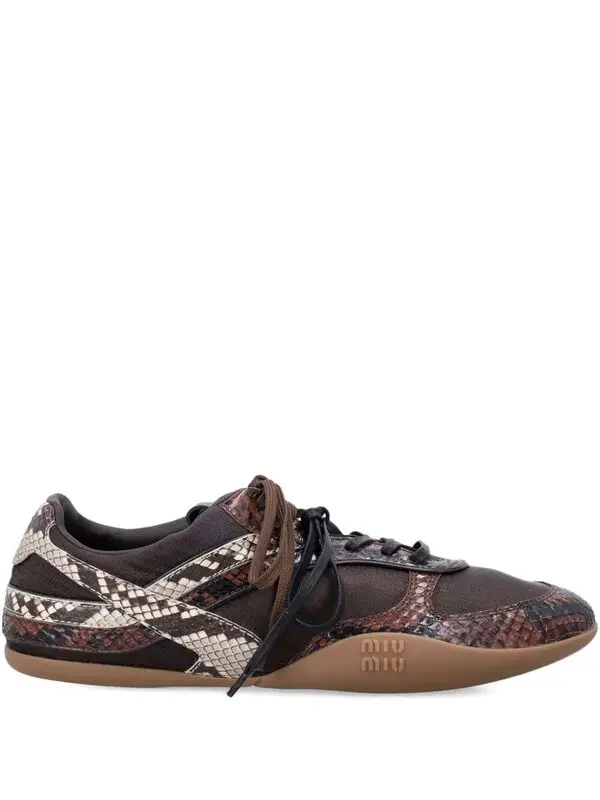 Miu Miu Gymnasium Technical Fabric And Python-print Ayers Leather Sneakers - Brown