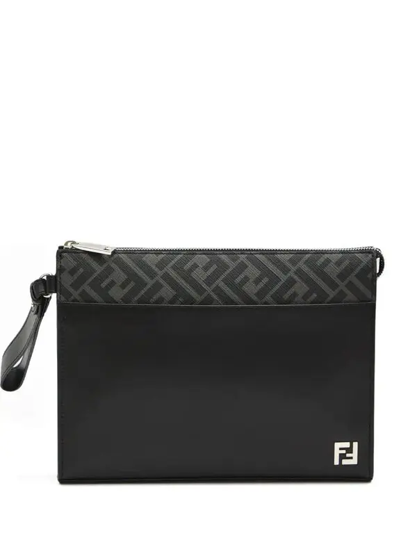 Fendi Leather And Canvas Ff Squared Clutch - Black