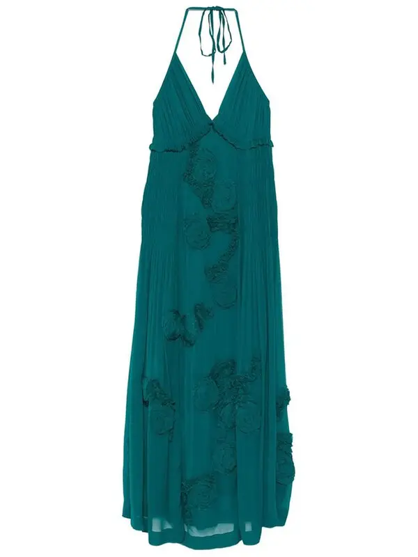 Dries Van Noten Drina Viscose Long Dress With Floral Appliqués - Green