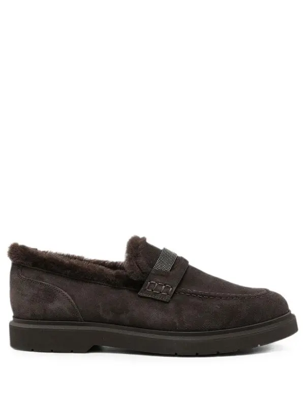 Brunello Cucinelli Suede Penny Loafers With Shearling Lining And Precious Insert - Brown