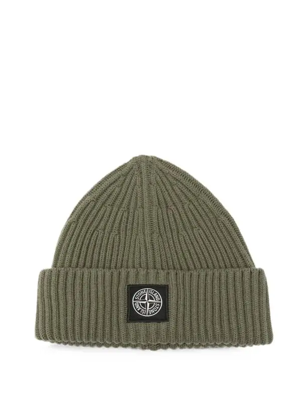 Stone Island Ribbed Wool Beanie With Compass Patch - Green