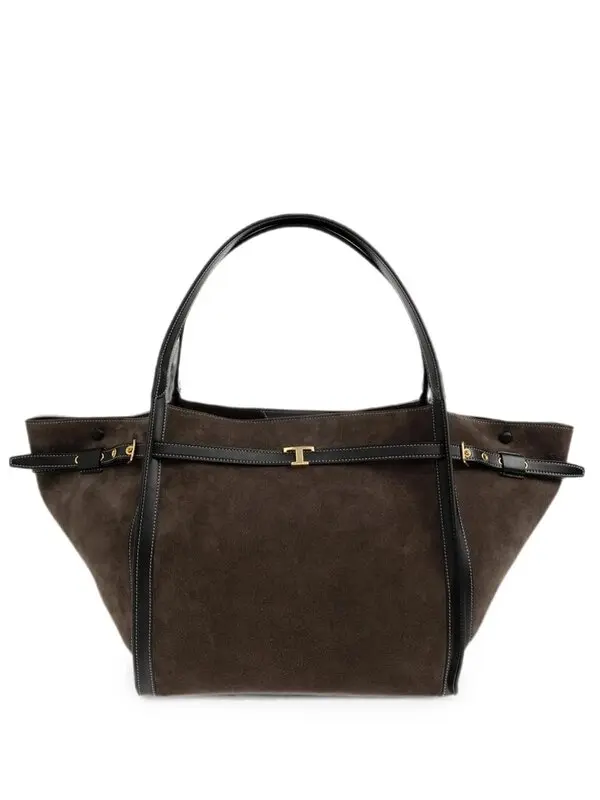 TOD'S T Signature Suede Medium Shopping Bag - Brown