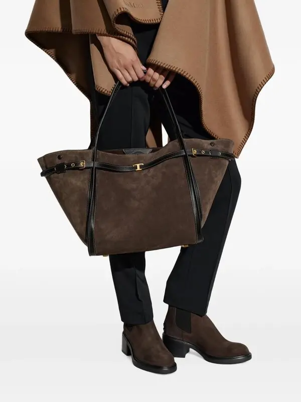 TOD'S T Signature Suede Medium Shopping Bag - Brown