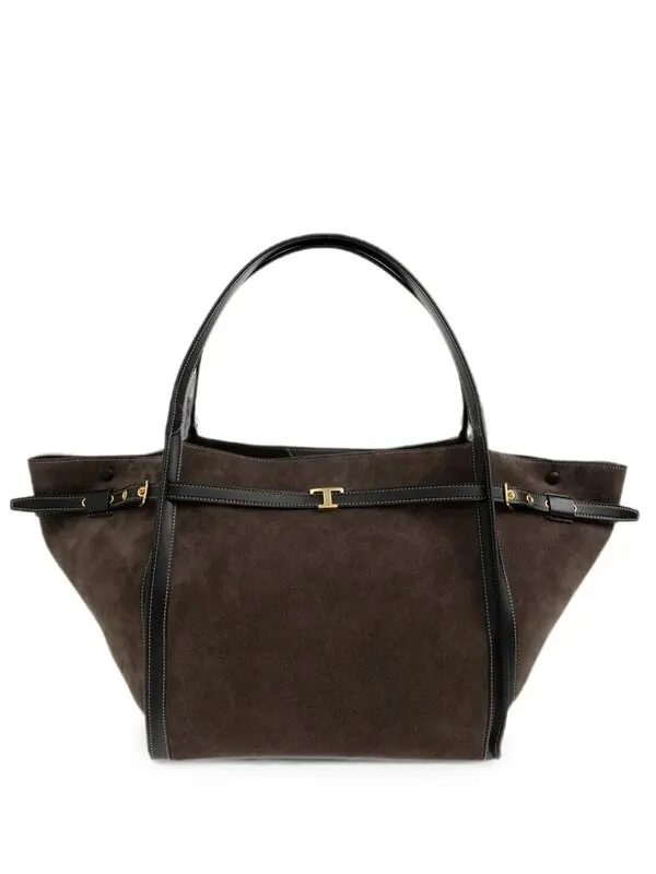 TOD'S T Signature Suede Medium Shopping Bag - Brown