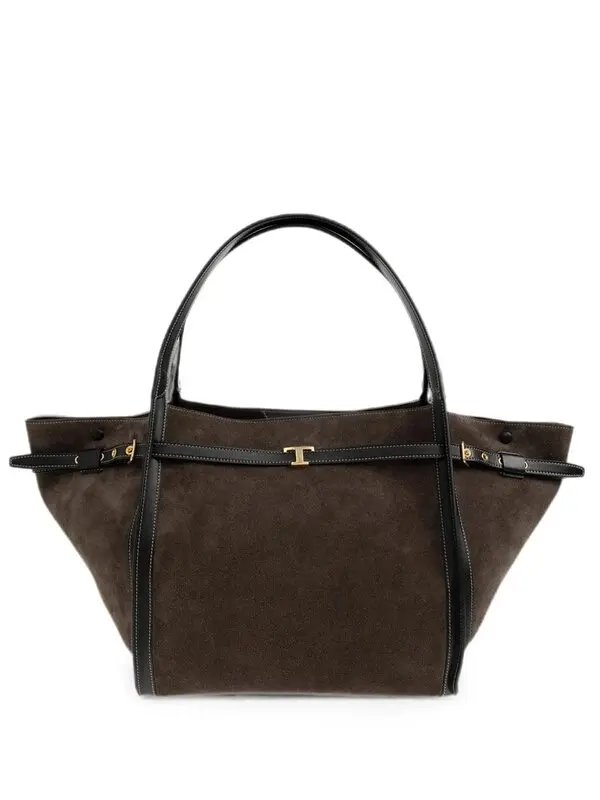 TOD'S T Signature Suede Shopping Bag - Brown
