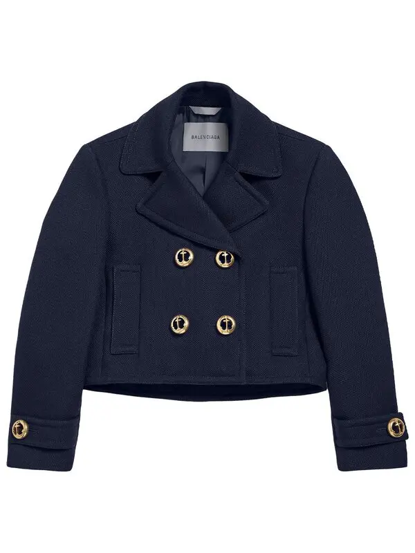 Balenciaga Cropped Peacoat In Textured Wool - Blue