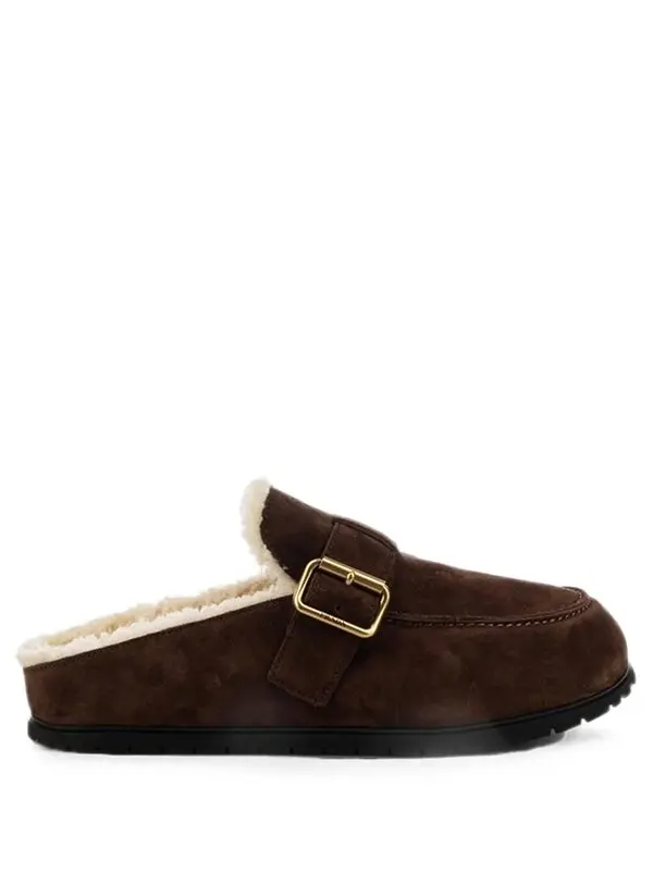 Prada Suede Slippers With Buckle And Sheepskin Lining - Brown