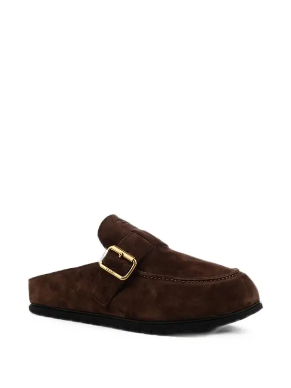 Prada Suede Slippers With Buckle And Sheepskin Lining - Brown