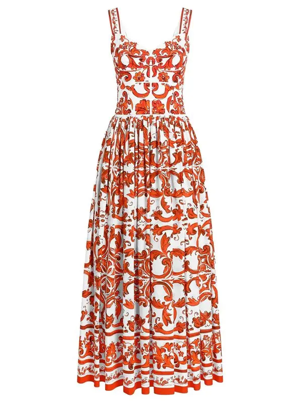 Dolce & Gabbana Abito Lungo In Popeline Stampa Maiolica - Multicolor