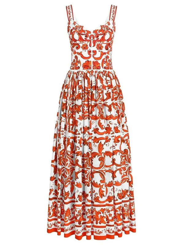 Dolce & Gabbana Abito Lungo In Popeline Stampa Maiolica - Multicolor