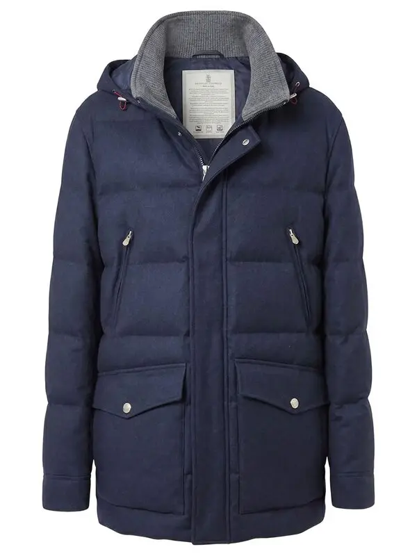 Brunello Cucinelli Bonded Wool Flannel Down Parka With Detachable Hood - Blue