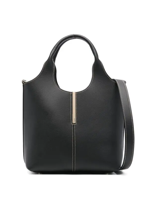 TOD'S Leather Mini Tote Bag With Branded Metal Bar Accessory - Black