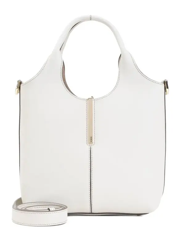 TOD'S Leather Mini Tote Bag With Branded Metal Bar Accessory - White