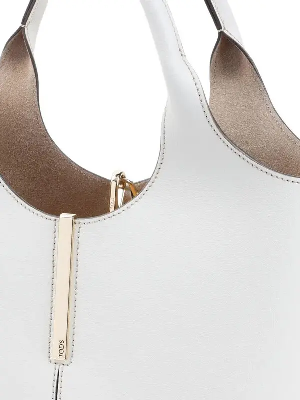 TOD'S Leather Mini Tote Bag With Branded Metal Bar Accessory - White