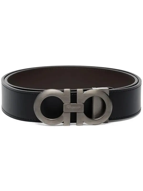 FERRAGAMO Brushed Finish Gancini Reversible Belt - Black