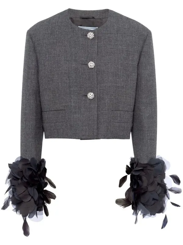 Prada Cropped Wool Jacket With Feather Cuffs - Multicolor
