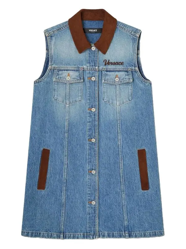 Versace Denim A-line Dress With Suede Details - Blue