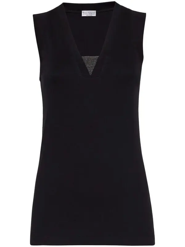 Brunello Cucinelli Stretch Cotton Jersey Tank Top With Precious Faux-layering - Black