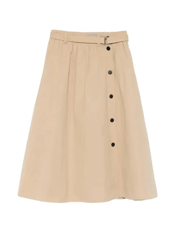 Prada Button-detail Belted Cotton Midi Skirt - Multicolor