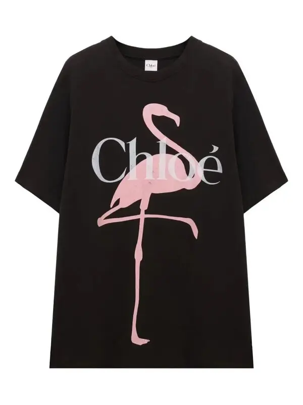 Chloé Oversized Fit Flamingo-print Cotton Jersey T-shirt - Black