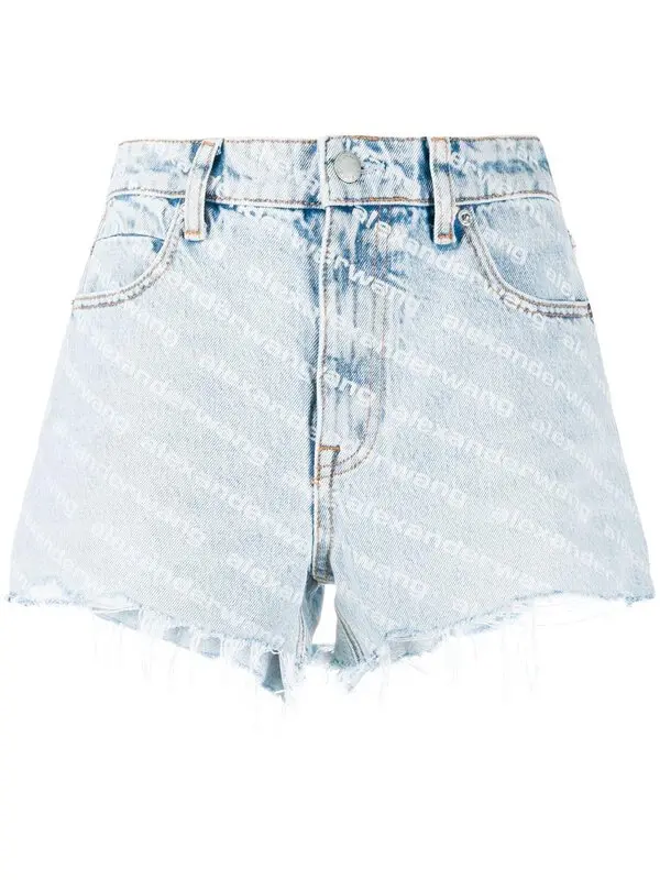 Alexander Wang All-over Logo Printed Denim Shorts - Blue