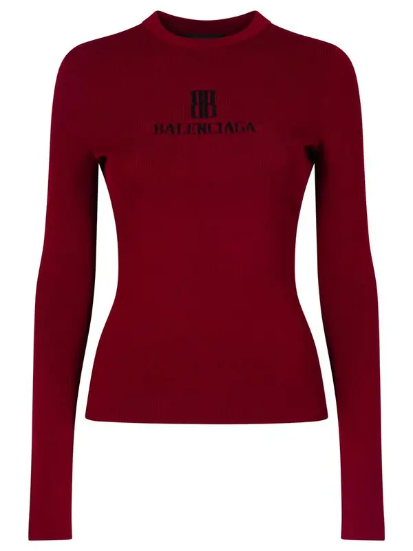 Balenciaga Ribbed Crewneck Long-sleeved Fitted Top - Red