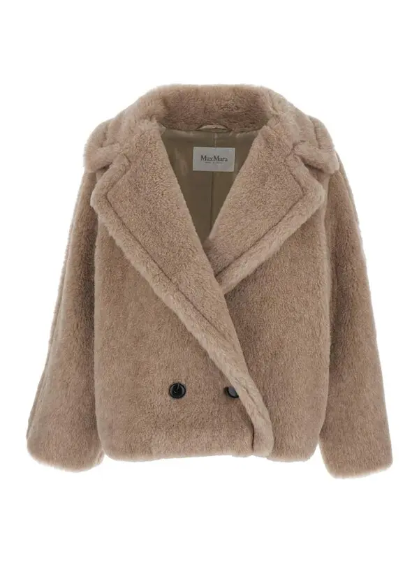 Max Mara Cambusa' Beige Jacket Double-breasted With Notched Revers Wide In Fur - Multicolor