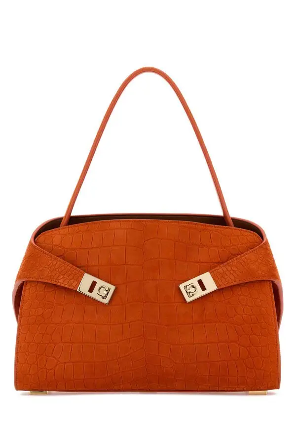 FERRAGAMO Suede Medium Hug Soft Shoulder Bag - Orange