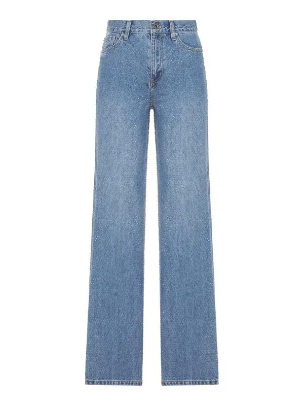 SELF-PORTRAIT Straight Leg Denim Jeans With Rhinestone - Blue