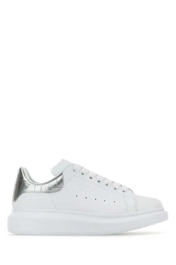 Alexander McQueen Leather Sneakers With Silver Leather Heel - White
