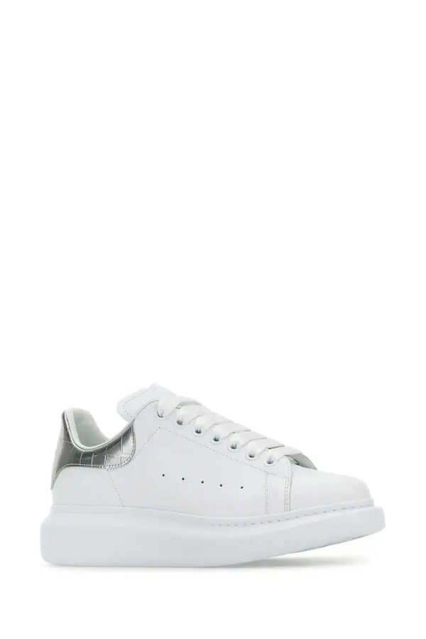 Alexander McQueen Leather Sneakers With Silver Leather Heel - White