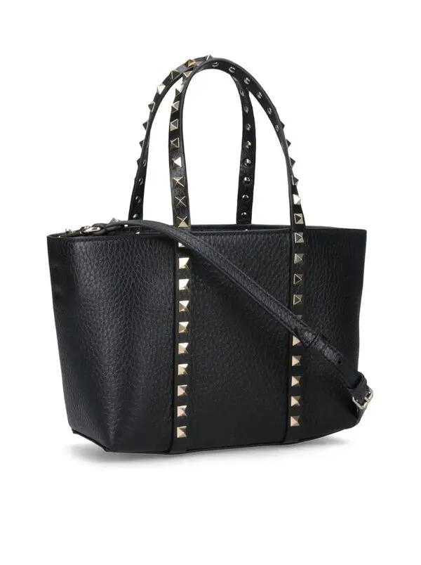 Valentino Garavani Rockstud Mini Tote In Hammered Leather - Black